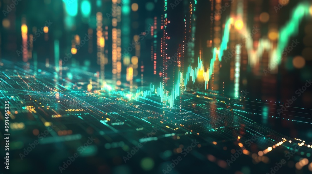 A digital stock graph with candlestick patterns and a rising trend line ...