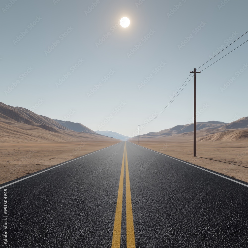Deserted highway stretches out under the midday sun, captured in 8K ...