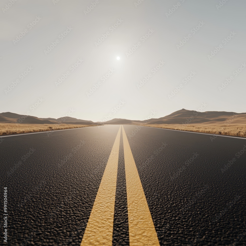 Deserted highway stretches out under the midday sun, captured in 8K ...