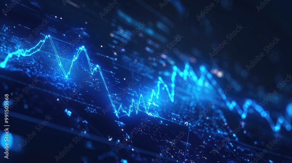 A glowing blue line chart with sharp upward trends, overlaid with stock ...