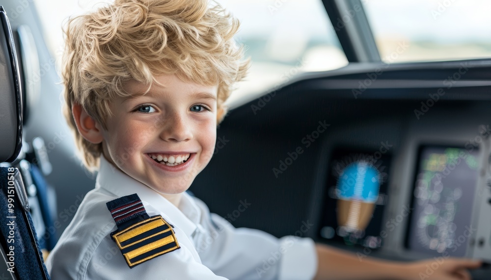 A young aspiring pilot sits proudly in the captains seat, their ...