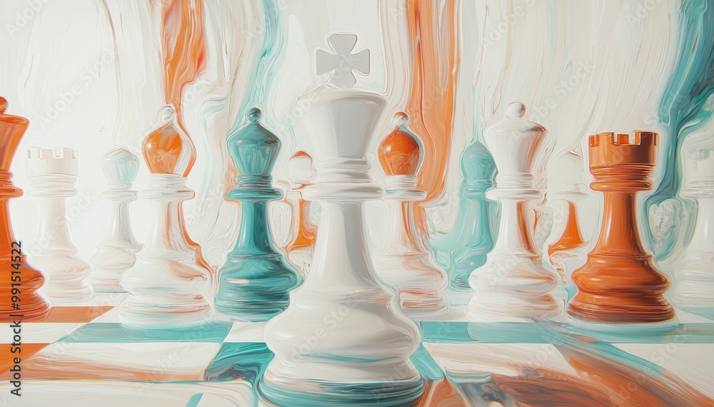 Artistic chess pieces in a world of fragmented shapes and layered paint ...