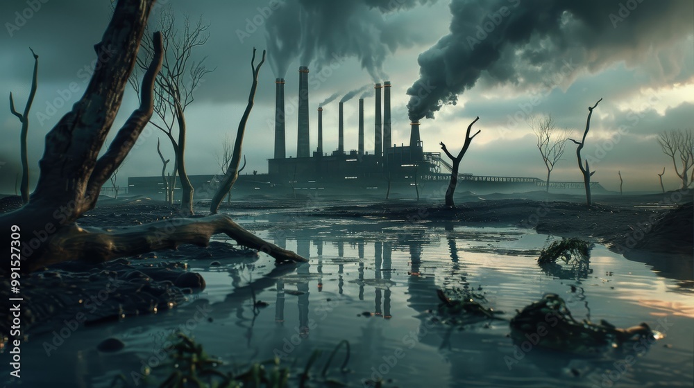 Industrial pollution releasing smoke into a dark, apocalyptic landscape ...
