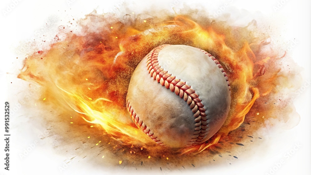 Flaming baseball watercolor clipart with depth of field, red, flame ...