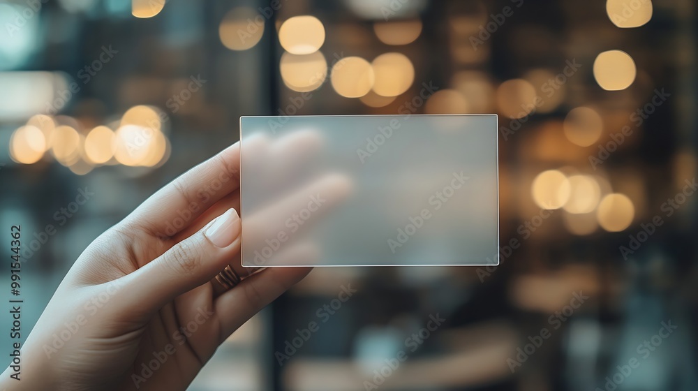 Hand hold blank vertical translucent card mockup with rounded corners ...