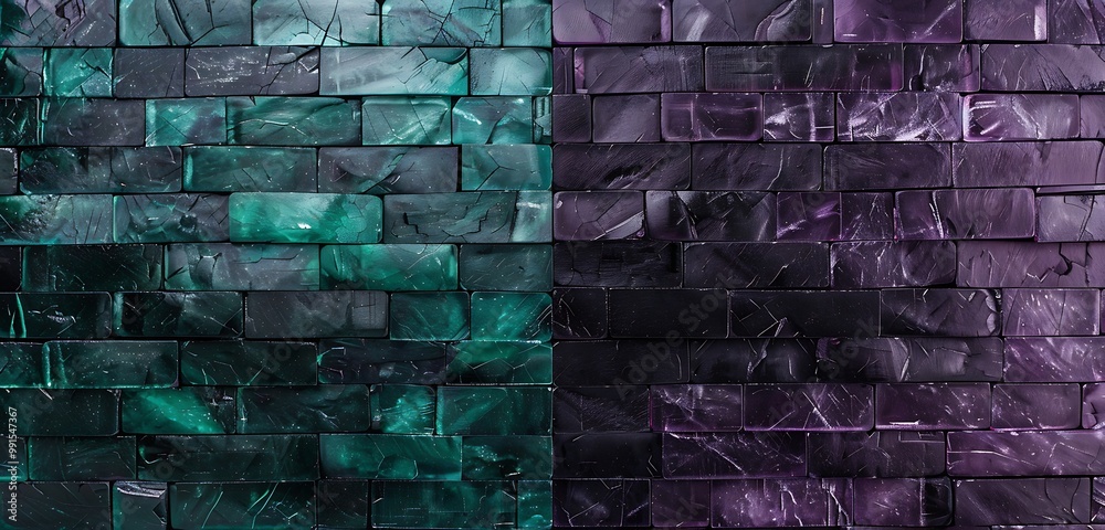 Minimalist crystal brick wall design, one side in emerald green and the ...