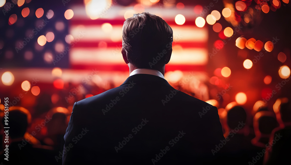 A politician walking up to a podium with an American flag in front of ...