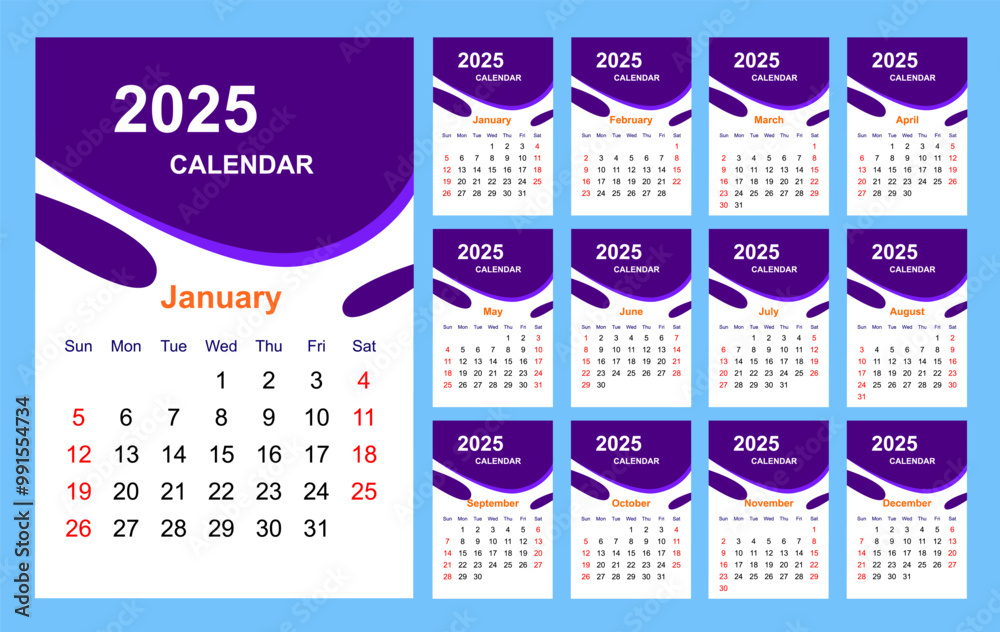 new year 2025 calendar design template for print. individual month on ...