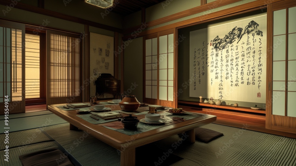 An elegant Japanese-style dining room with a low table set for a meal ...