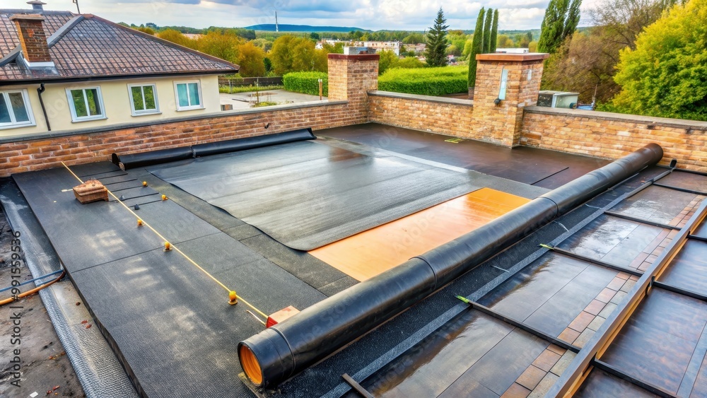 Flat roof installation process of heating and melting bitumen roofing felt , flat roof ...