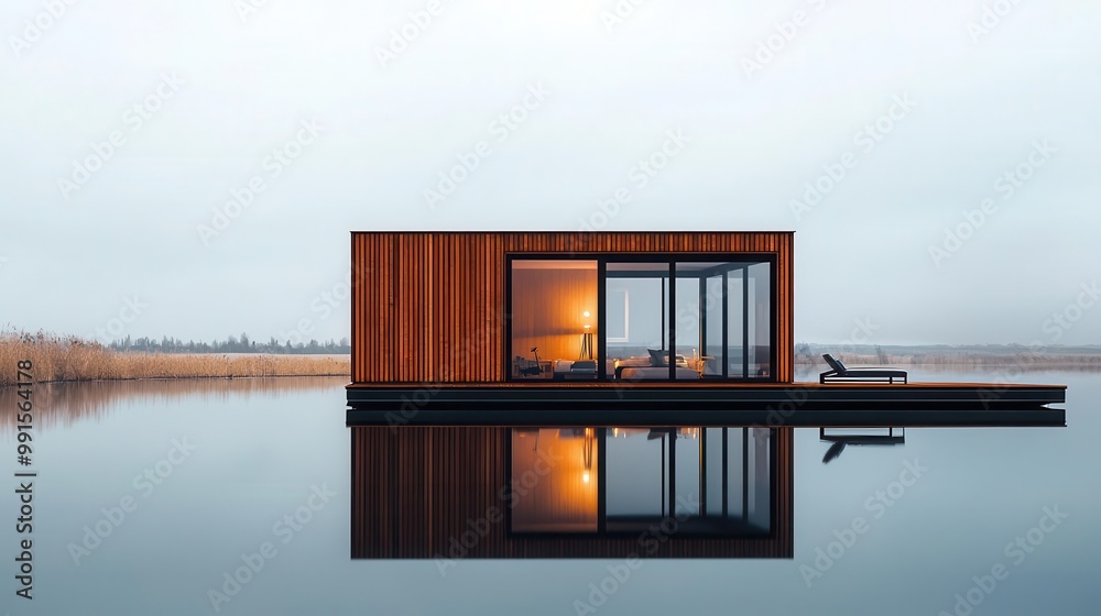Elevated container house on stilts above a serene lake, House Container ...