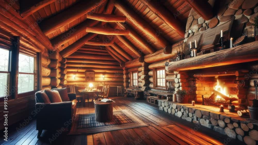 Real estate Rustic log cabin interior with wooden beams and stone ...