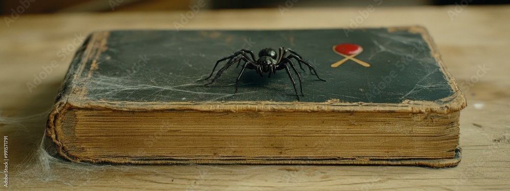 Black widow spider crawling across an old book, red hourglass visible ...