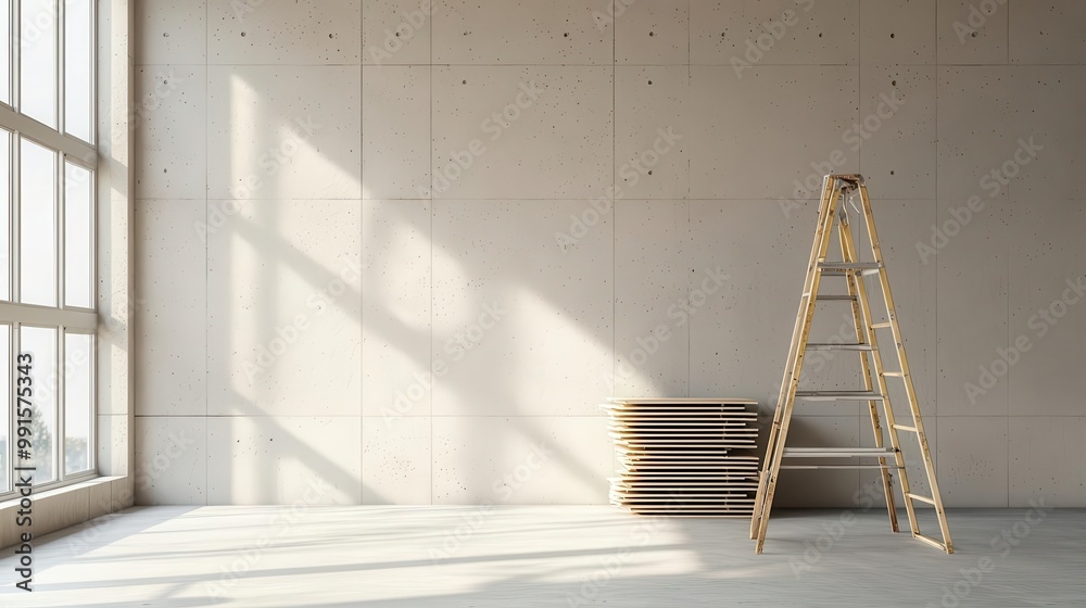 House with bare interior walls and roof tiles stacked on scaffolding ...
