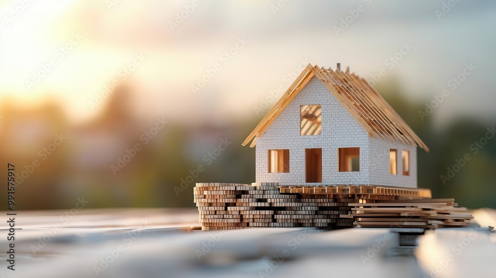 House with bare interior walls and roof tiles stacked on scaffolding ...