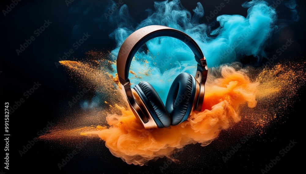 Dynamic audio explosion, twisting azure and amber mist, wireless ...