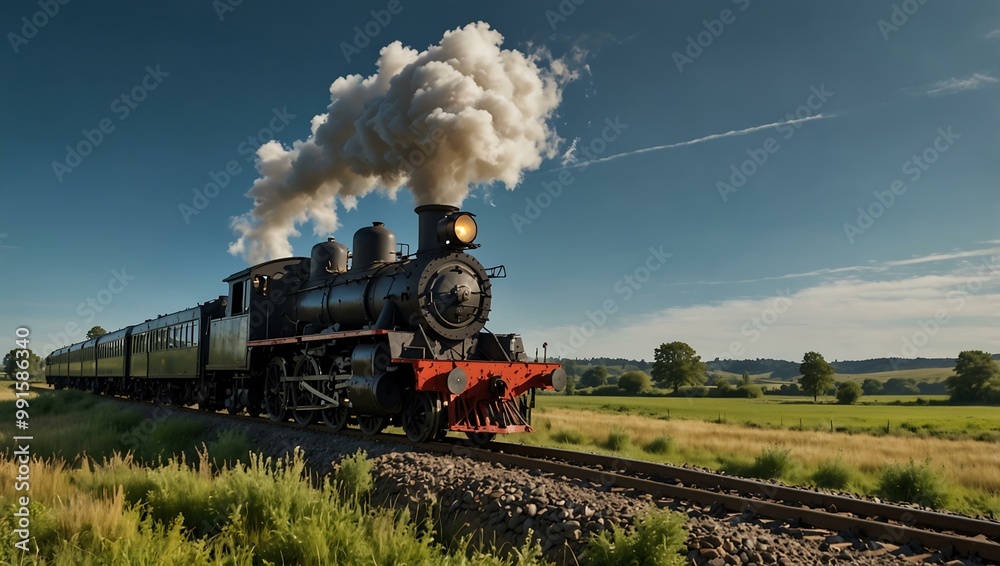 Classic steam locomotive moving through lush fields under a blue sky ...