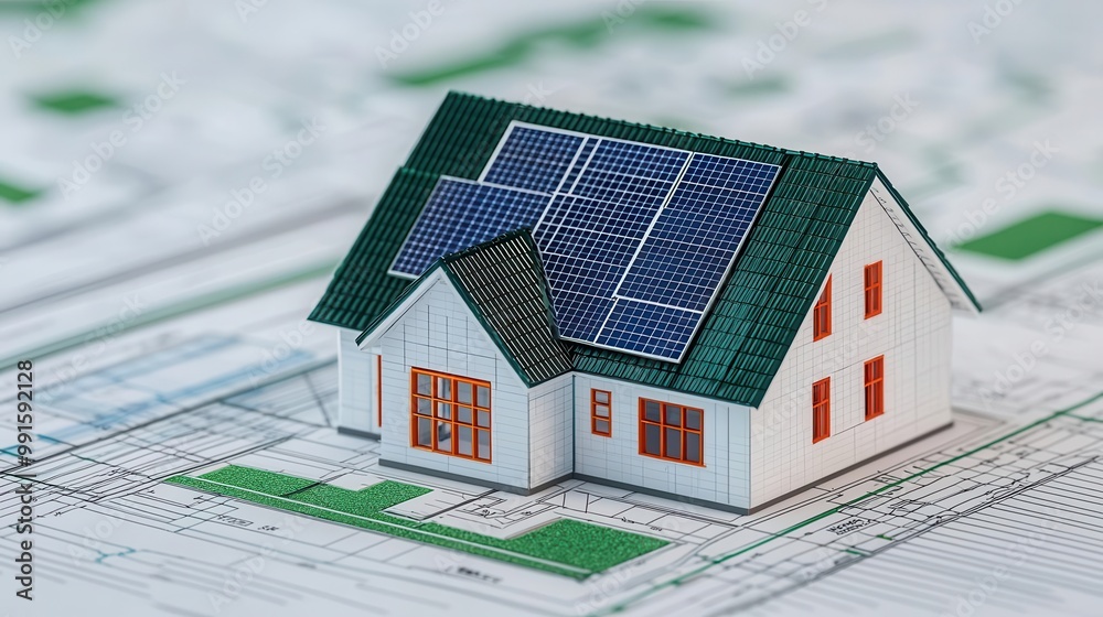 Blueprint of an eco-friendly house with solar panel layout and green ...