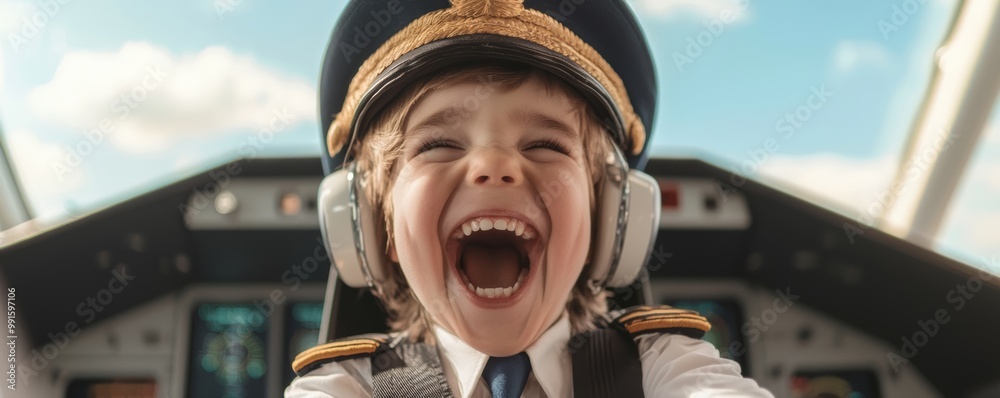 An excited future pilot sits in the cockpit, proudly wearing a captain ...