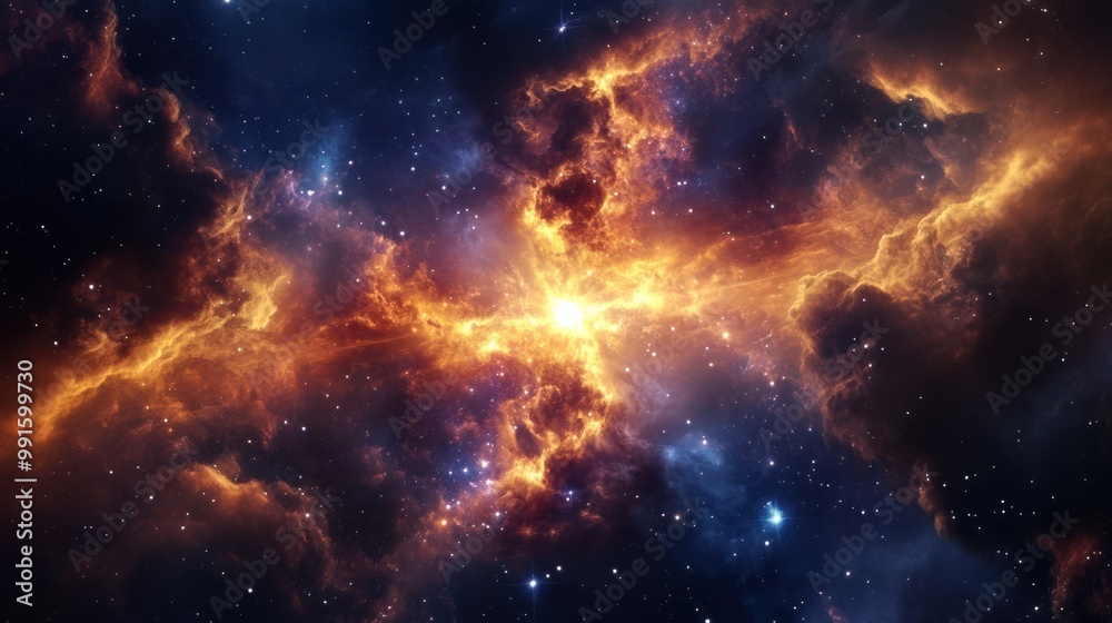 Nebula cloud with bright protostars forming at its center, representing ...