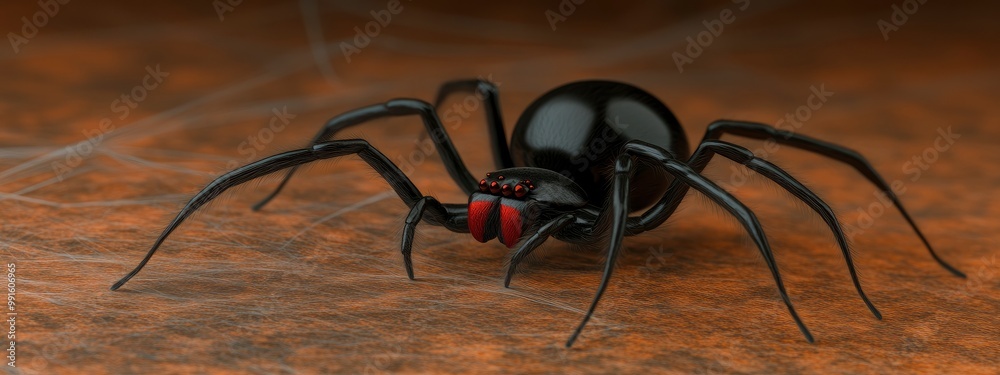 Fangs of a black widow spider, red marking on its back, faint web ...