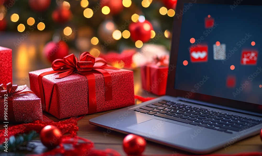 Christmas online shopping concept with laptop showing e-commerce ...