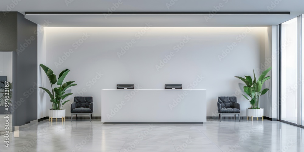Minimalist modern office reception with white counter, plants, and ...