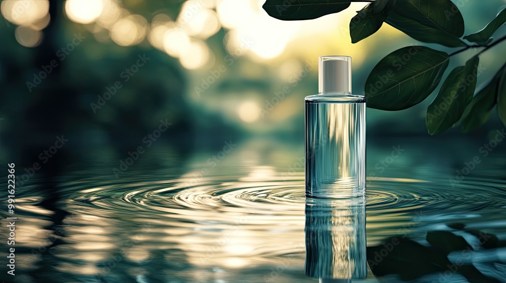 Cosmetic bottle reflecting in water with subtle ripple effects ...