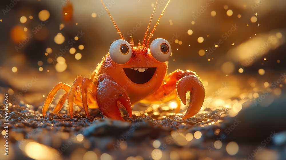 illustration of a cute baby lobster in a bright, rocky ocean floor with ...
