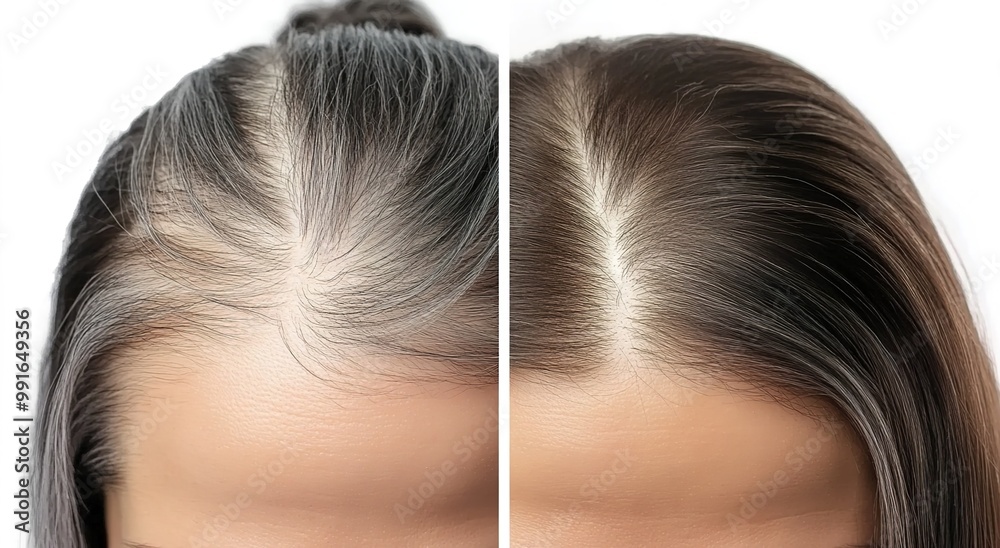 Young woman with gray hair before and after coloring treatment Stock ...