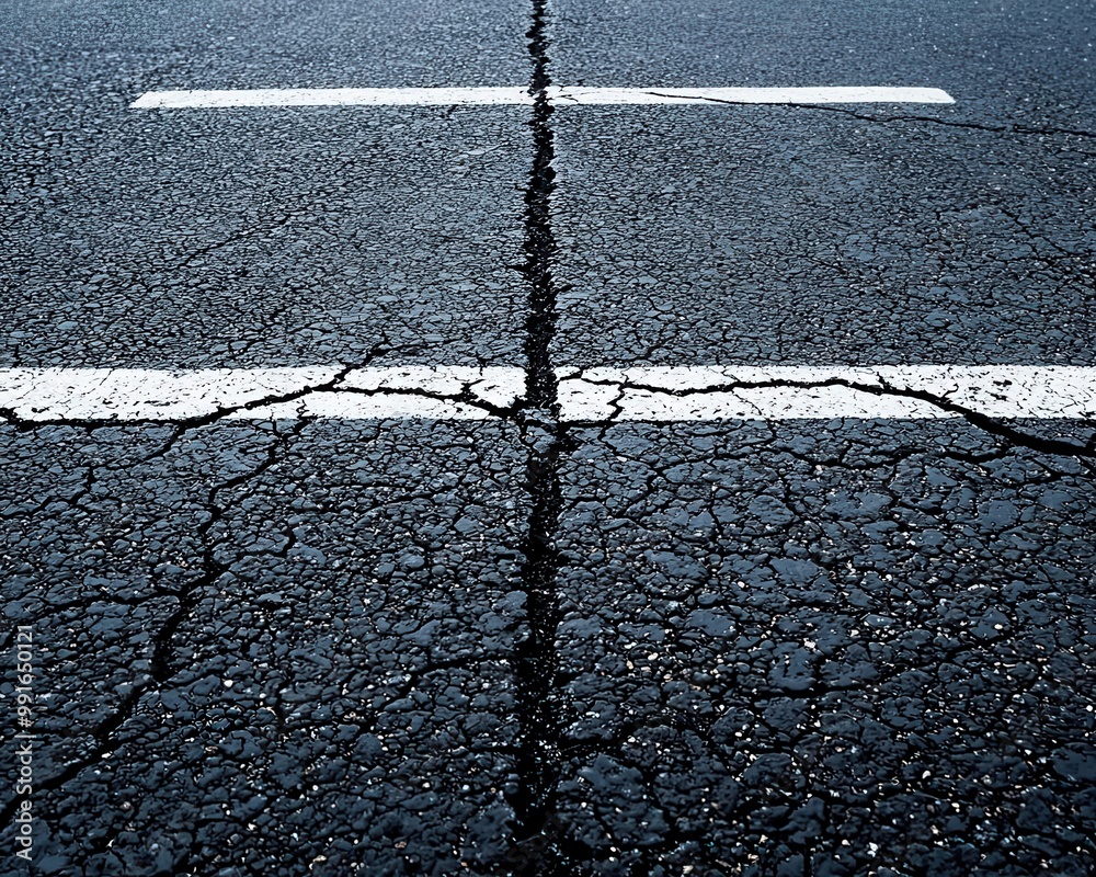 Faded parking lot markings on rough asphalt, with small cracks and oil ...