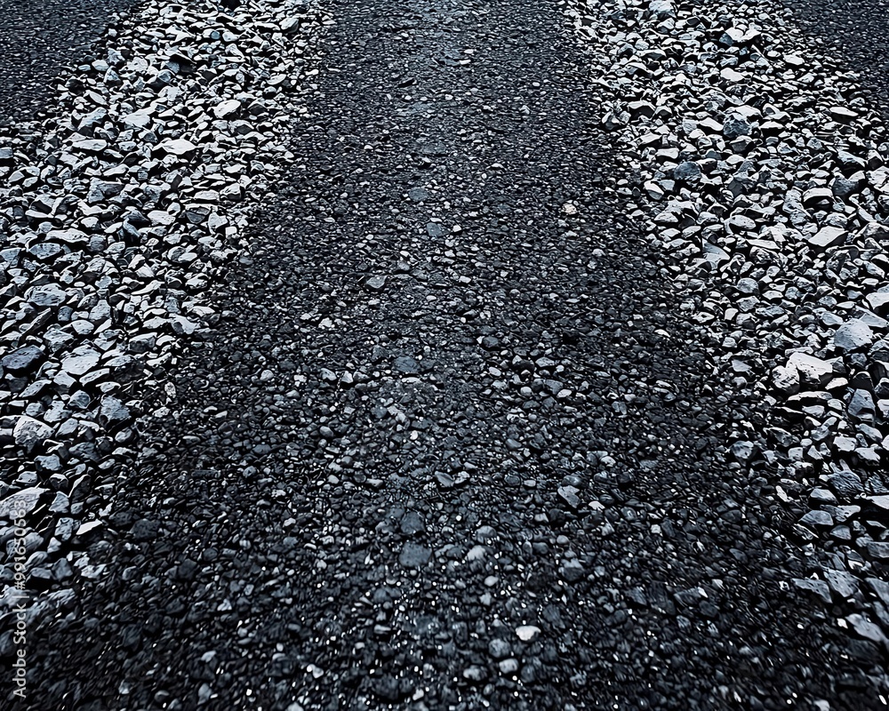 Worn asphalt with scattered gravel and tire marks, showing signs of ...