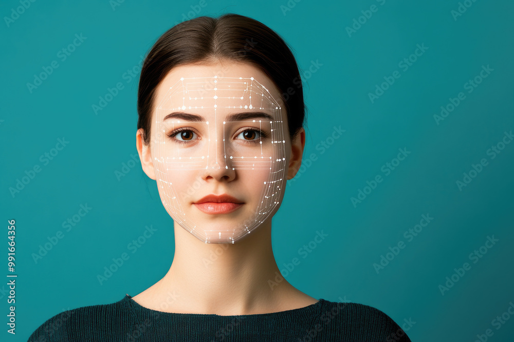 Digital facial mapping technology, modern woman with facial recognition ...