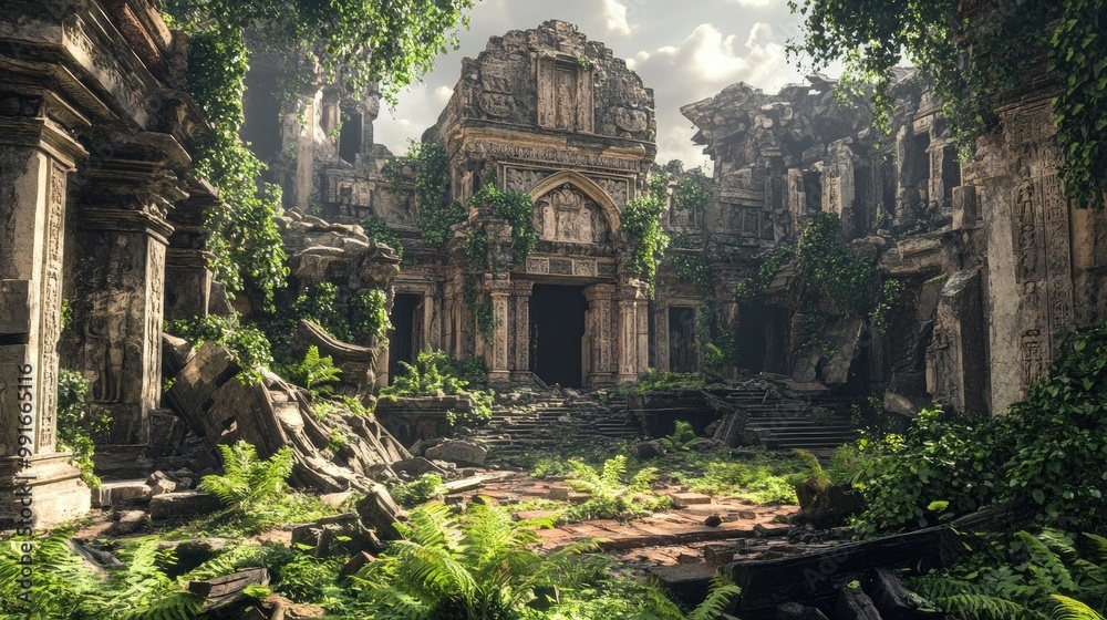 A photorealistic, 8K image of a sprawling, ancient ruin, with crumbling walls, overgrown ...