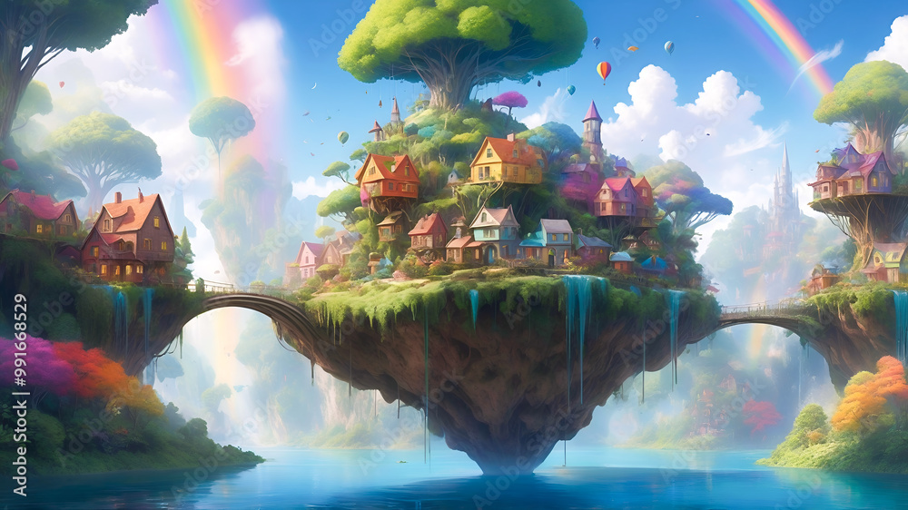 Lush, vibrant floating islands covered in whimsical houses, trees, and ...