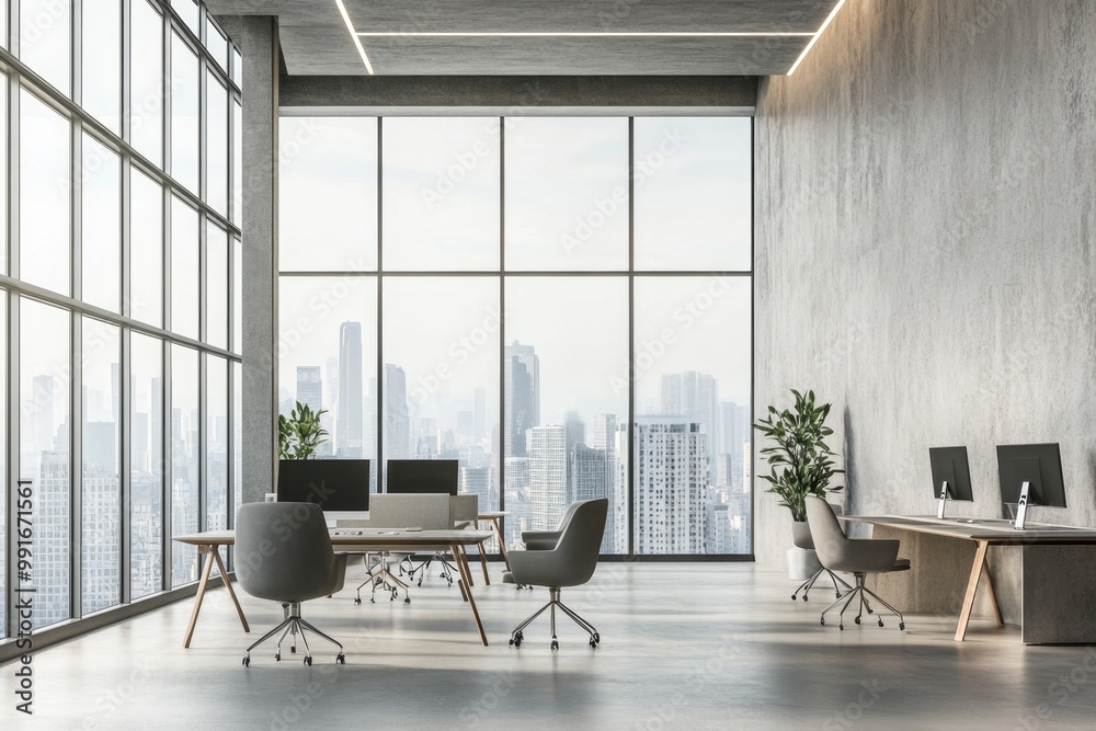 Modern open-plan office interior with desks and chairs, computer tables ...
