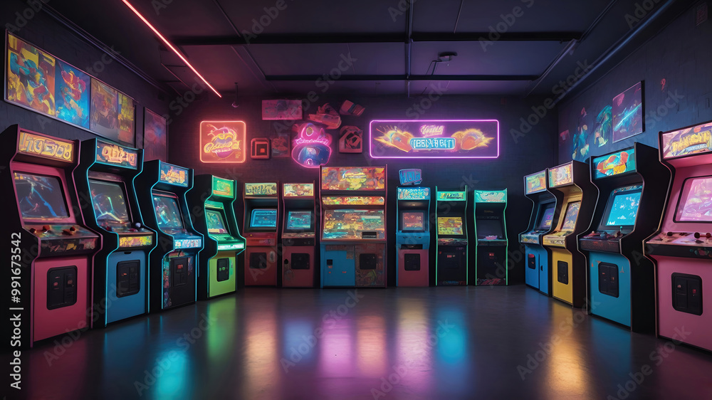 A nostalgic room filled with glowing arcade machines from the '80s and ...