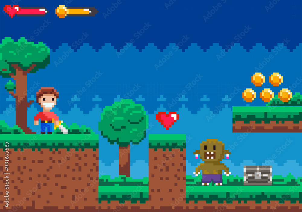 An 8-bit pixel art scene of a video game features a character, a ...