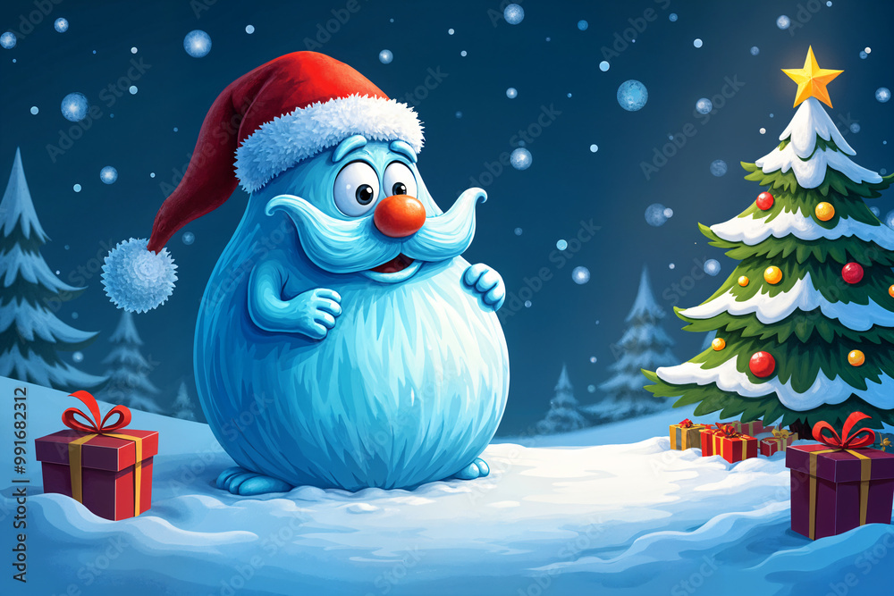 Festive scene with a blue cartoon character, resembling a monster or a ...