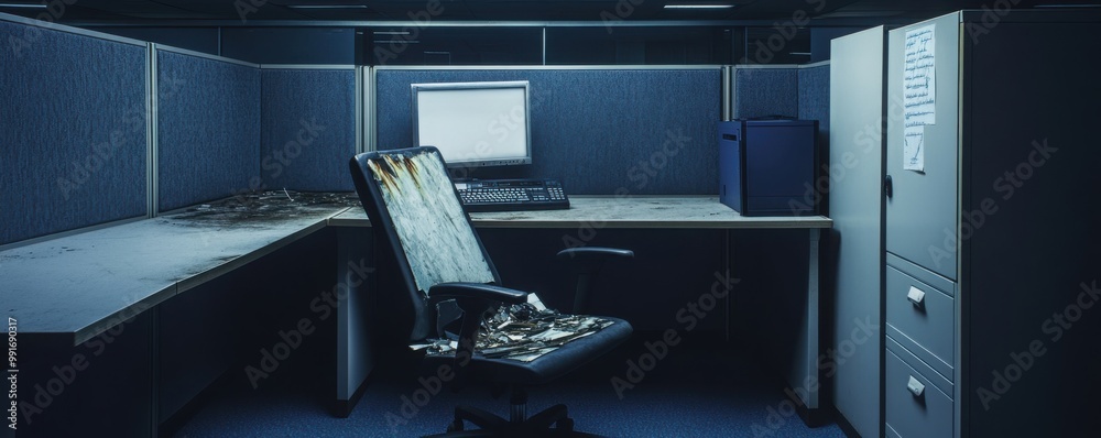 Empty, dilapidated office cubicle with broken chair and scattered ...