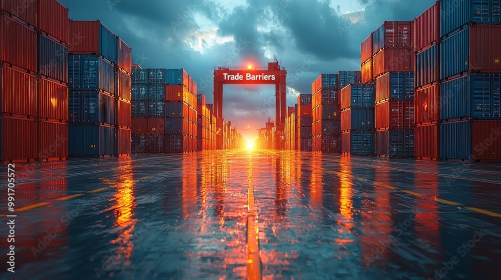 Stacks of shipping containers surrounded by a force field labeled ...