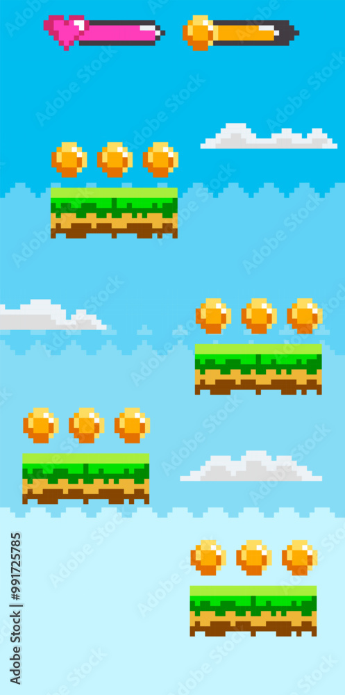 Floating grassy platforms with rows of collectible gold coins. Health ...