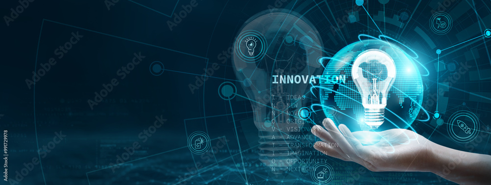 Innovation. Hand holding a globe with network connecting data ...