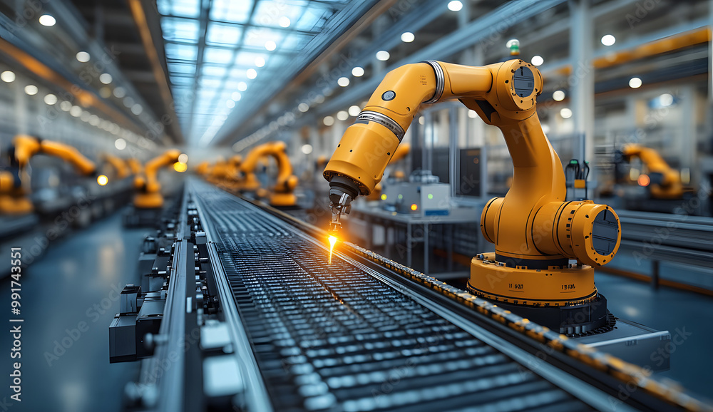 A High-Tech Production Line Featuring Advanced Robotic Arms Operating ...