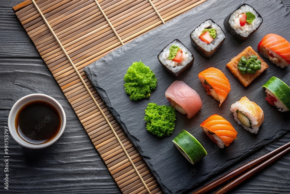 Slate tile with delicious maki and nigiri sushi, chopsticks, soy sauce ...