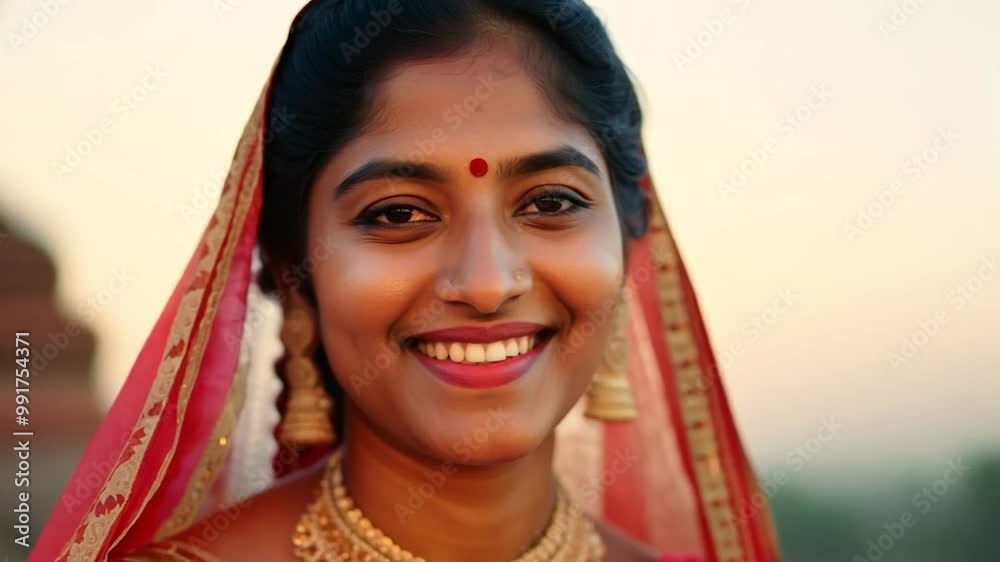 Young indian bride poses near a temple, showcasing her vibrant red sari ...