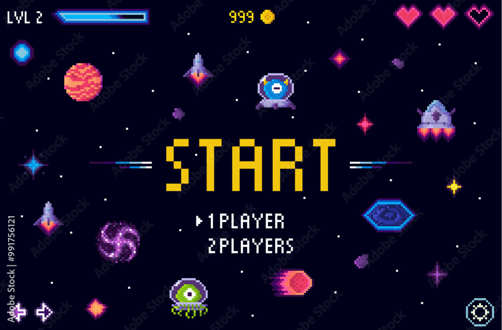 Póster START screen with a retro pixel art style showing spaceships ...