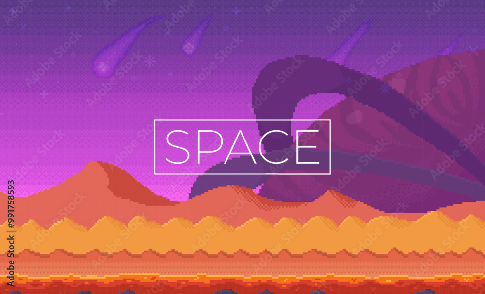 Alien desert landscape with mountains and sand dunes under a purple sky ...