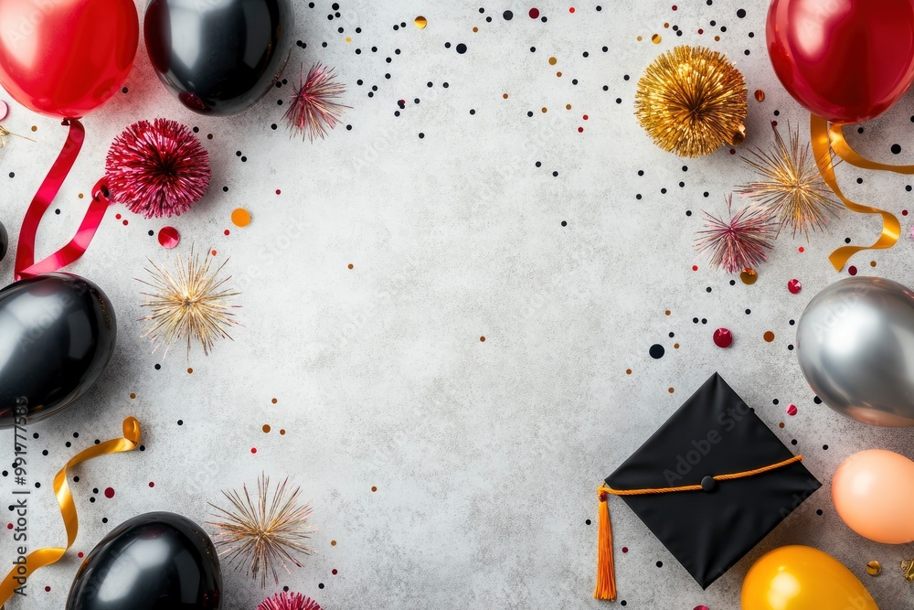 Graduation background with balloons, graduation caps, ribbons and ...