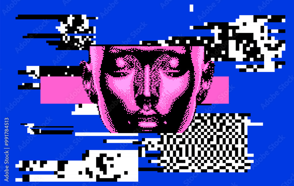 Glitchy and distorted human face appearing out of pixel noise. A ...